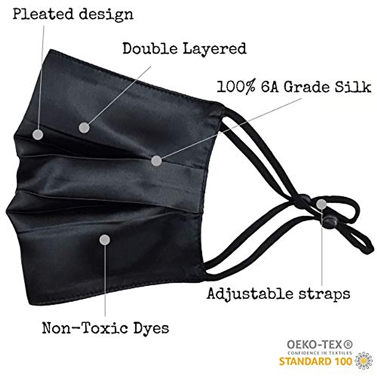 Celestial Silk Premium 22 Momme Silk Face Mask Reusable and Washable Anti Dust Mouth Cover with Adjustable Ear Loops Women (Pleated, Black)