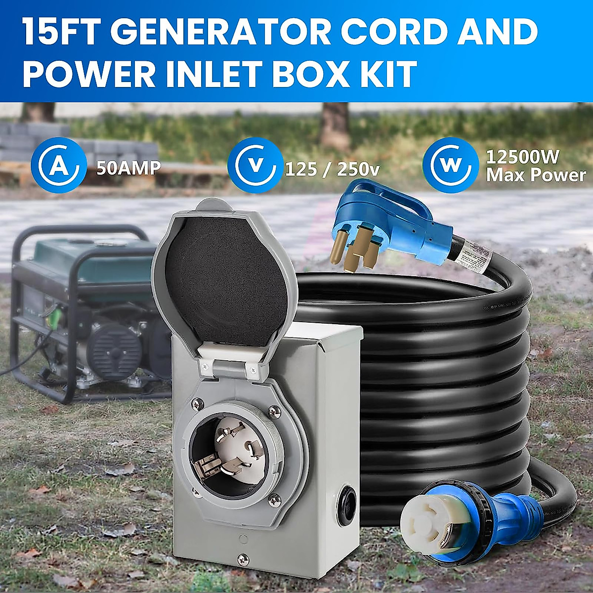 50 Amp Generator Cord & Inlet Box Kit - 15FT Power Cords