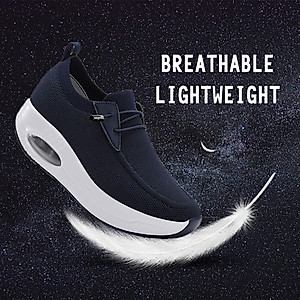 Dark Blue Women's Slip-on Walking Shoes Mesh Breathe Air Cushion Arch Support Sock Sneakers for Women Ladys Girls Fashion Platform Lightweight Loafers Non-Slip Nursing Work Running Shoes Size8.5