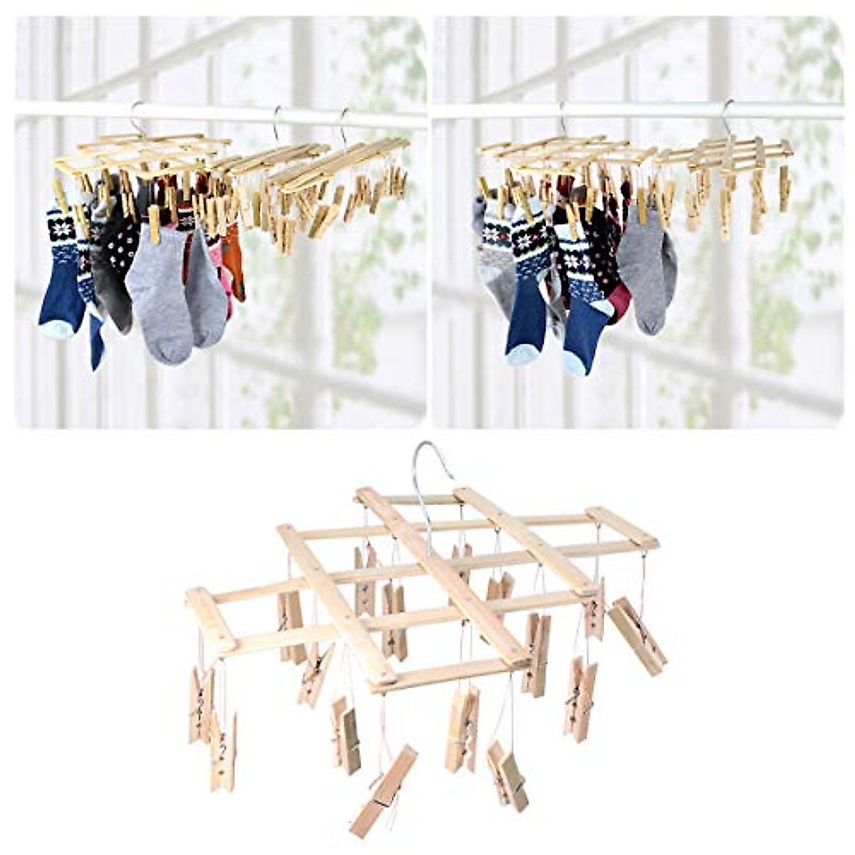 Cabilock Foldable Clip Hangers with Drying Clips Wood Underwear Hanger with 16pcs Clips Wooden Laundry Clip and Drip Drying Hanger for Socks Bras Lingerie Clothes Drying Rack 2pcs