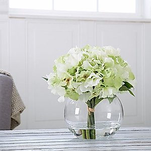 Pure Garden Hydrangea Floral Arrangement in Vase - 5-Count Artificial Flowers with Leaves in Faux Water-Filled Decorative Clear Glass Bowl (Green)