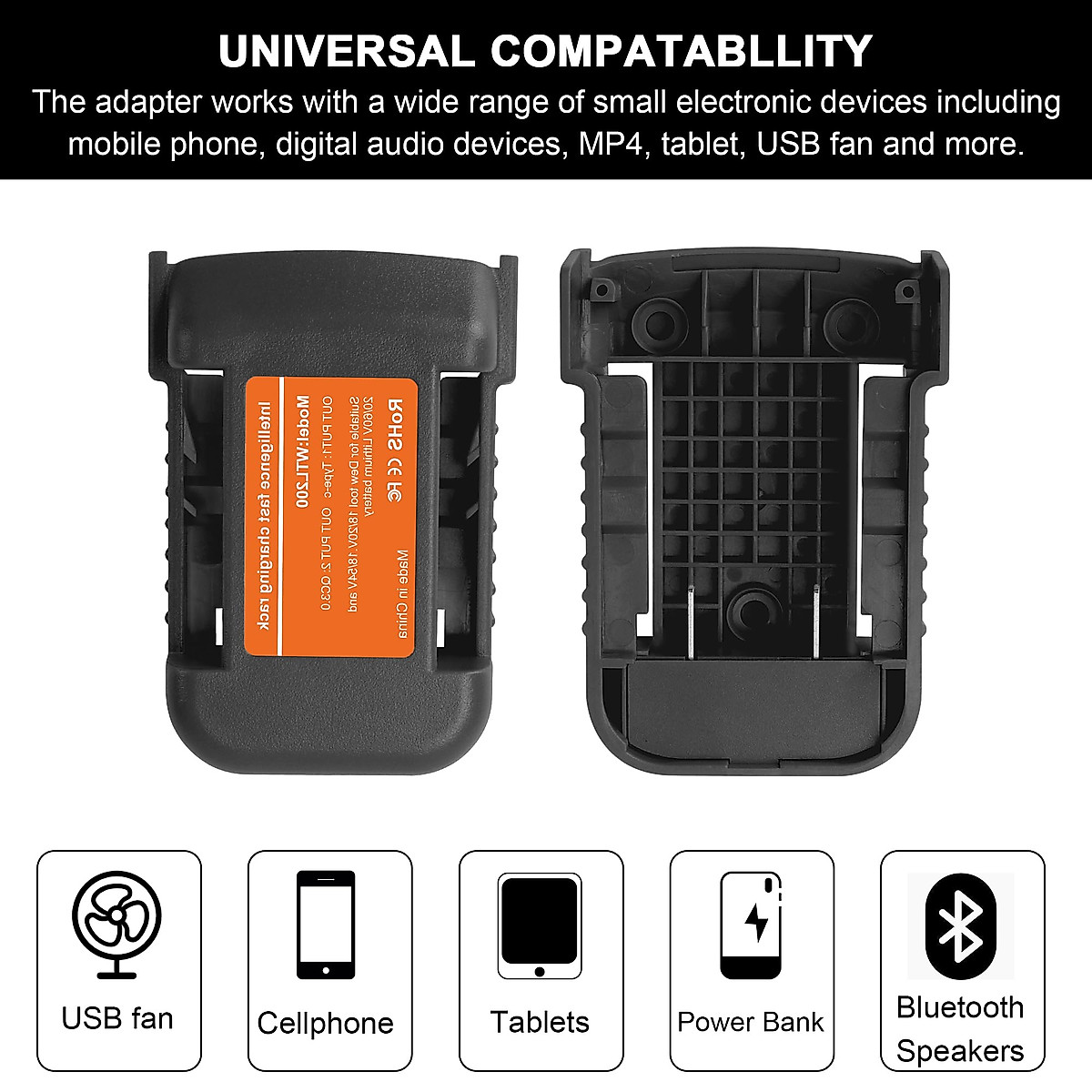 Xinriga 2 Packs Black USB Charger Adapter, Compatible with Dewalt 20V 60V Max Battery, with Type-C Fast Charging and USB Ports (Adapter Only)