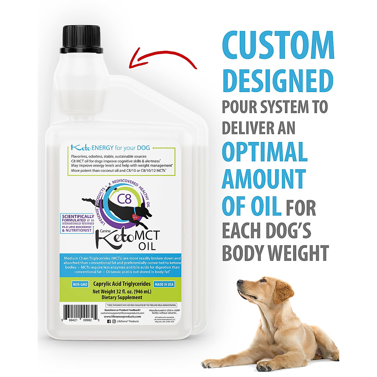 C8 MCT Oil Keto Friendly Sourced from Coconut Oil for Dogs - Human Grade, 32 oz, Developed in USA by PhD Nutrition
