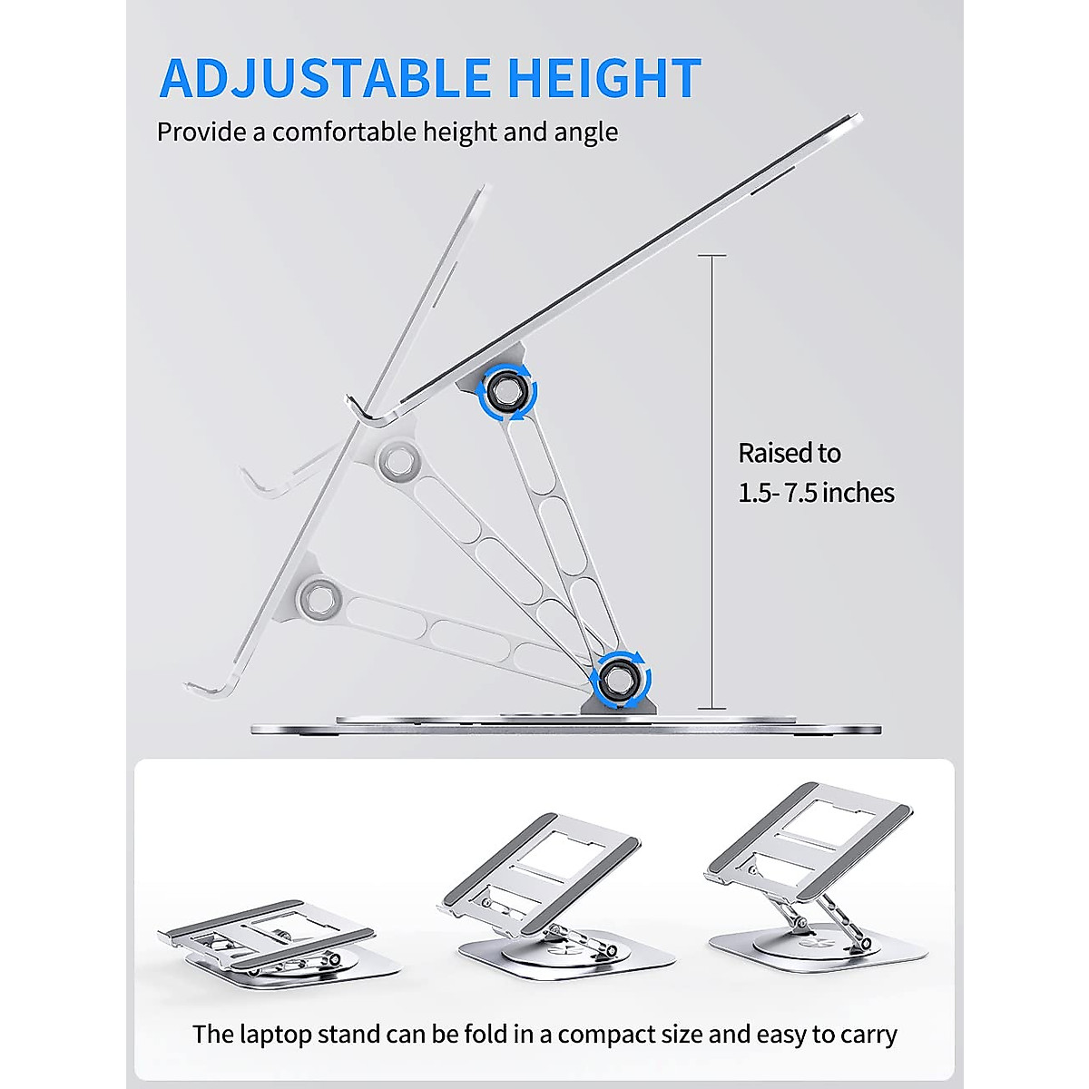 AOEVI Adjustable Laptop Stand with 360 Rotating Base, Computer Stand for Laptop Ergonimic Foldable Laptop Riser for Desk Compatible with MacBook Pro/Air Notebook up to 16 Inches, Silver