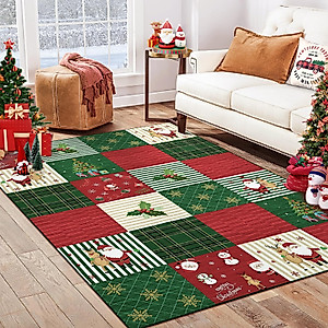 RUGSREAL Christmas Rug 4x6 Washable Bedroom Rug Holiday Decor Non Slip Throw Rug Soft Carpet Stain Resistant Accent Rug Holiday Decoration for Home Decor, Red/Green