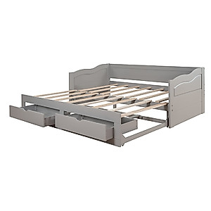 Polibi Extendable Daybed, Wooden Daybed with Trundle Bed and Two Drawers, Convertible Sofa Bed with 2 Storage Drawers, Can be Expanded from Twin Size to King Size (Grey)