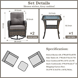 Belord Patio Wicker Chairs Swivel Rocker - Outdoor Swivel Rocking Chairs Set of 2 with Rattan Side Table, Patio Swivel Glider Chair 3 Piece Patio Furniture Sets for Patio Porch Pool Brown/Grey