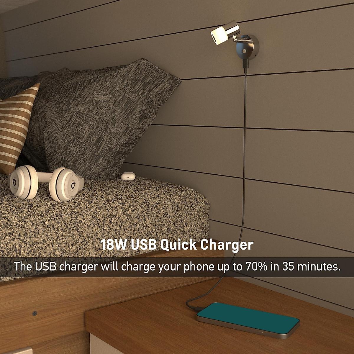 acegoo 12V LED Reading Light, RV Bedside Swivel Wall Lamp with Quick USB Charger, Frosted Acrylic Lampshade & Push Dimmer Switch, Chrome Finish,DC 12-24V Hard-Wired