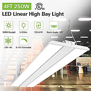 Hykolity 4FT LED Linear High Bay Shop Light, 250W LED Shop Light, 31250lm 125LM/W, 100-277V, 0-10V Dim, 5000K Daylight Linear Hanging Light for Warehouse Workshops