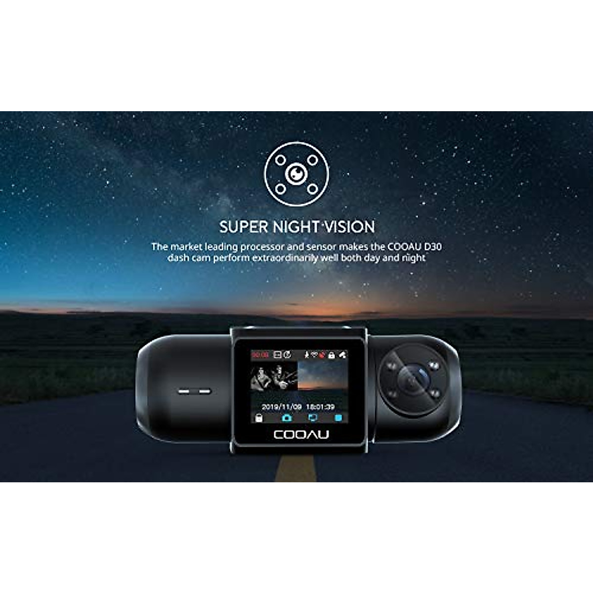COOAU Dash Cam, 64GB SD Card Included, 1080P FHD Built-in GPS Wi-Fi, Front and Inside Car Camera Recorder for Uber with Infrared Night Vision, Sony Sensor, 4 IR LEDs，G-Sensor, Parking Mode