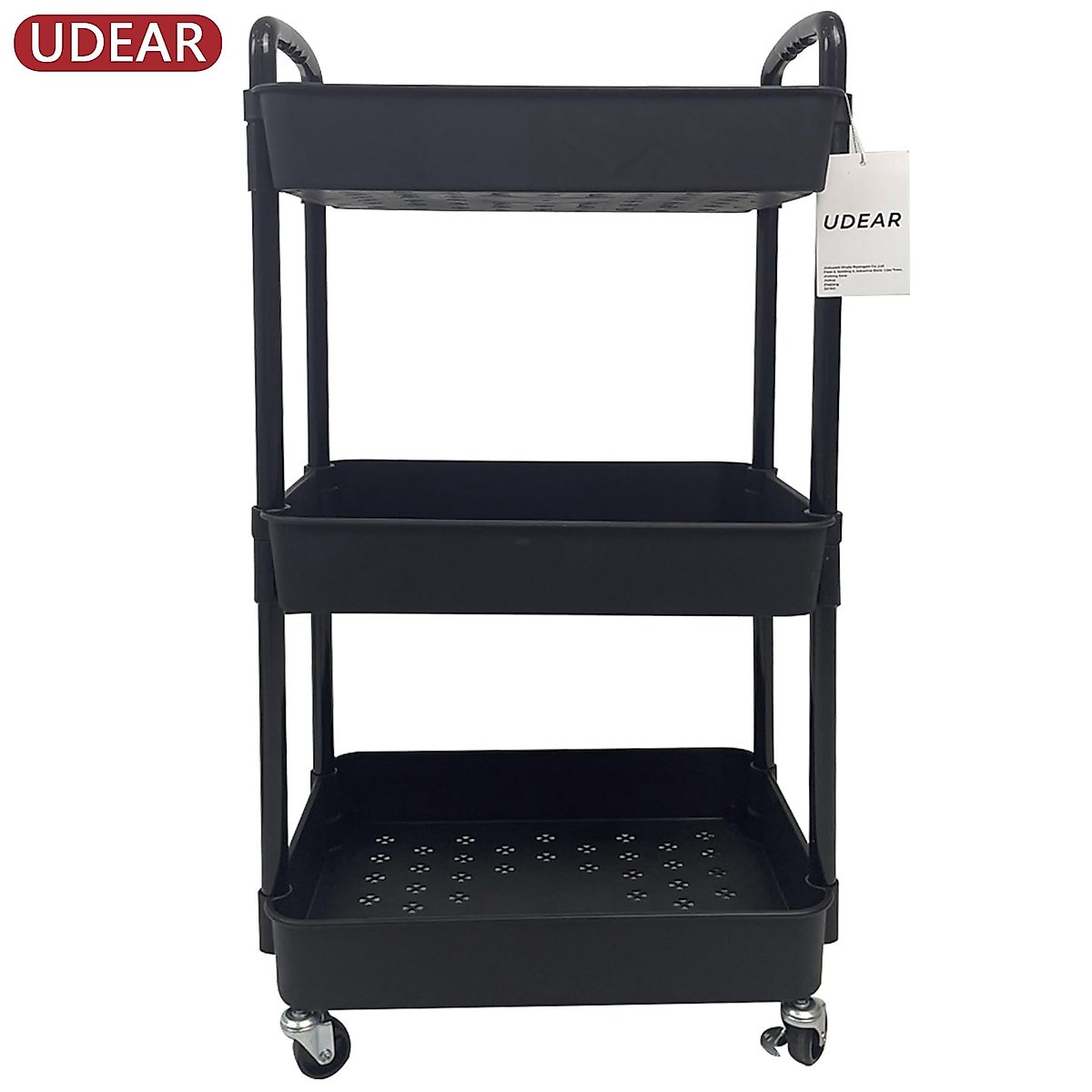 UDEAR 3-Tier Rolling Utility Cart with 12 Category Labels,Multifunctional Comagtable Rolling Shelving with Handle and Lockable Wheels for Room,Office,Kitchen,Bathroom,Black