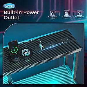 AODK Computer Desk, 48 Inch Gaming Desk with Led Lights & Power Outlet, Office Desk with Printer Storage Shelves, Reversible Desk with Monitor Shelf & Headphone Hook, Carbon Fiber Black