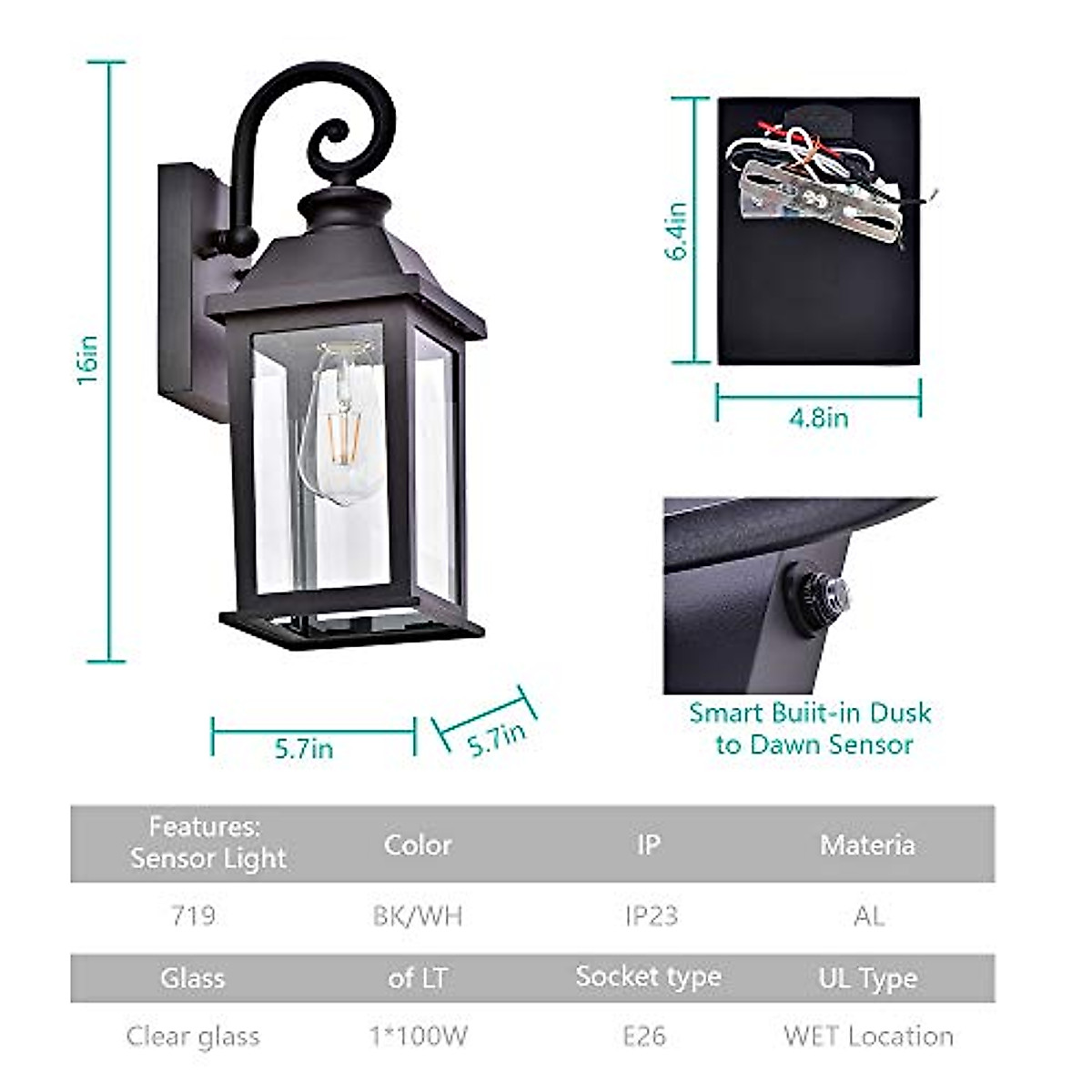 Outdoor Wall Light Dusk to Dawn Sensor Porch Light Exterior Wall Sconce Waterproof Matte Black Wall Lantern Outdoor Light Fixture Wall Mount Outdoor Light for House (Bulb Not Included)