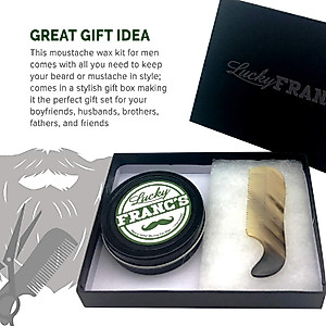 Lucky Franc's 2 oz. Strong Hold Mustache Wax and Real Ox Horn Comb Grooming Set. Wax that Stache in Style. Unscented Natural Moustache Wax and Stache or Beard Comb. Handmade Gift Set for Men