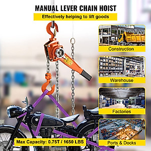 VEVOR Lever Chain Hoist, 0.75Ton 1650lbs Capacity Ratchet Puller with 10FT Max. Lifting Height, Come Along 2 Heavy Duty Steel Hooks, Manual Handling Tool for Cargo Moving in Construction, Warehouse , Orange