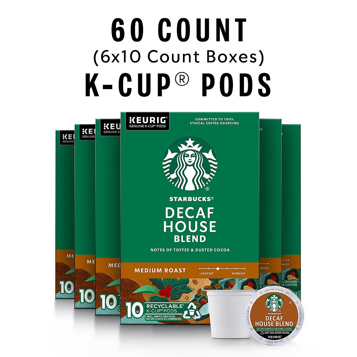 Starbucks Decaf K-Cup Coffee Pods — House Blend for Keurig Brewers — 6 boxes (60 pods total)