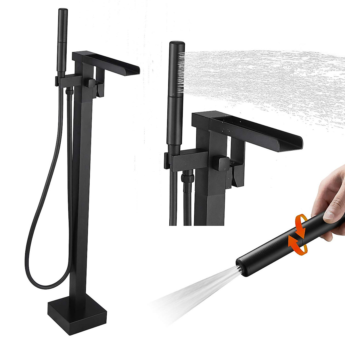 BESy Freestanding Bathtub Faucet Waterfall Tub Filler Matte Black Floor Mount Brass Single Handle Bathroom Tub Faucets with 2 Function Hand Shower Wand