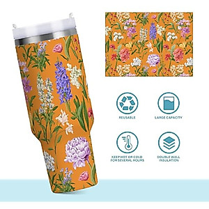 linqin Flower Peony Orange Vacuum Tumbler Insulated with Straw Lid 30 oz Water Bottle with Handle Reusable Mug with Handle for Water, Iced Tea or Coffee