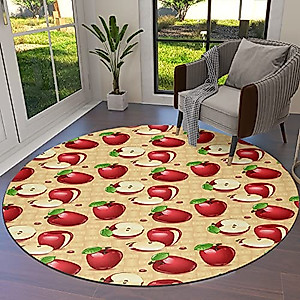 LAMANDA Round Area Rugs Red Apples Green Leaf Indoor Floor Carpet Non Slip Throw Rug for Living Room Bedroom Kids Nursery Farm Fruit Harvest 48in