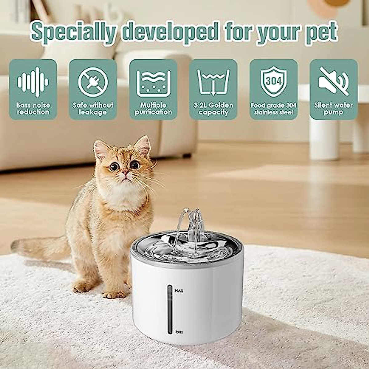 Cat Water Fountain, 108oz/3.2L Cat Fountain with Stainless Steel Tray, Ultra Quiet Pet Water Fountain for Cats Inside with Triple Filtration Cat Fountain Water Bowl, for Cats, Small Dogs
