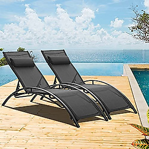 Ainfox Outdoor Chaise Lounge Chairs, Patio Adjustable Lounge Chairs Set of 2, Beach Pool Sunbathing Lawn Lounger Recliner Chair with Armrest and Removable Cushions(Black)