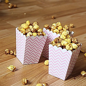 NUIBY Popcorn Boxes, Pink Trio (36 Pack) Polka Dot, Chevron, Stripe Treat Boxes - Small Movie Theater Popcorn Paper Bags for Dessert Tables & Wedding Favors