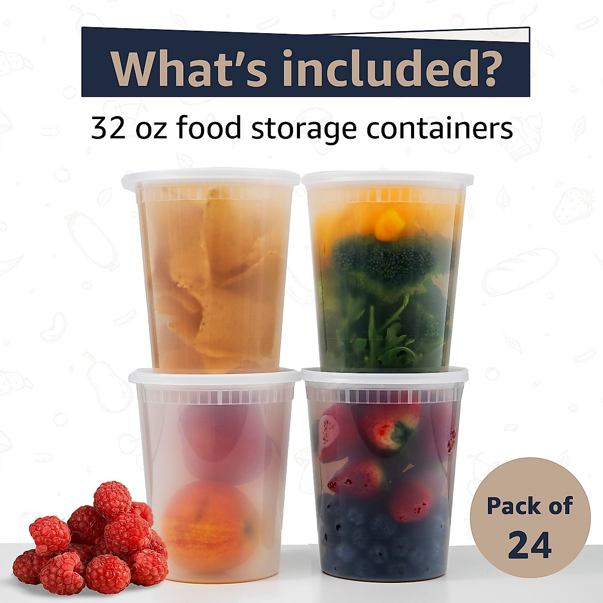 [24 Pack - 32 oz] Plastic Soup Cups Deli Food Storage Containers with Tight Lids Portion Control Non-Spill Stackable Microwaveable Freezer Dishwasher Safe