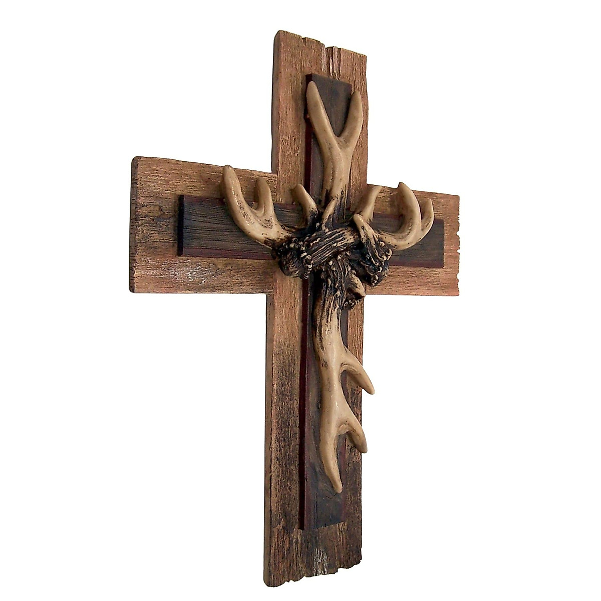 Rustic Wood Look Wall Cross Featuring Antlers, Rustic Décor, Religious Themed, 13.5 Inches