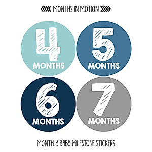 Months in Motion Baby Monthly Stickers - Baby Milestone Stickers - Newborn Boy Stickers - Month Stickers for Baby Boy - Baby Boy Stickers - Newborn Monthly Milestone Stickers - Set of 20
