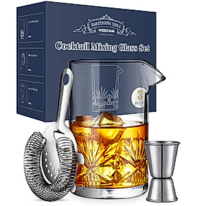 Cocktail Mixing Glass, veecom 18oz Crystal Mixing Glass Bartender Kit, 3 Piece Old Fashioned Cocktail Set with Strainer, Jigger, Bar Tools Cocktail Shaker Set, Cocktail Mixer Stirring Glass