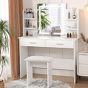 SMOOL Vanity Desk with Lighted Mirror - Makeup Vanity Table with 3 Color Light Options Adjustable Brightness, Vanity with 6 Storage Shelves, 2 Large Drawers, Vanity Set for Girls Women, White