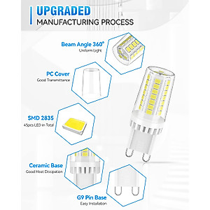 Cnkeeo G9 LED Bulb, 4W Daylight White 6000K, 450LM, 40W Halogen Equivalent, No Flicker, Non-Dimmable, 360°Beam Angle, Bi-pin Ceramic Base G9 Light Bulbs for Chandeliers Home Lighting, Pack of 6