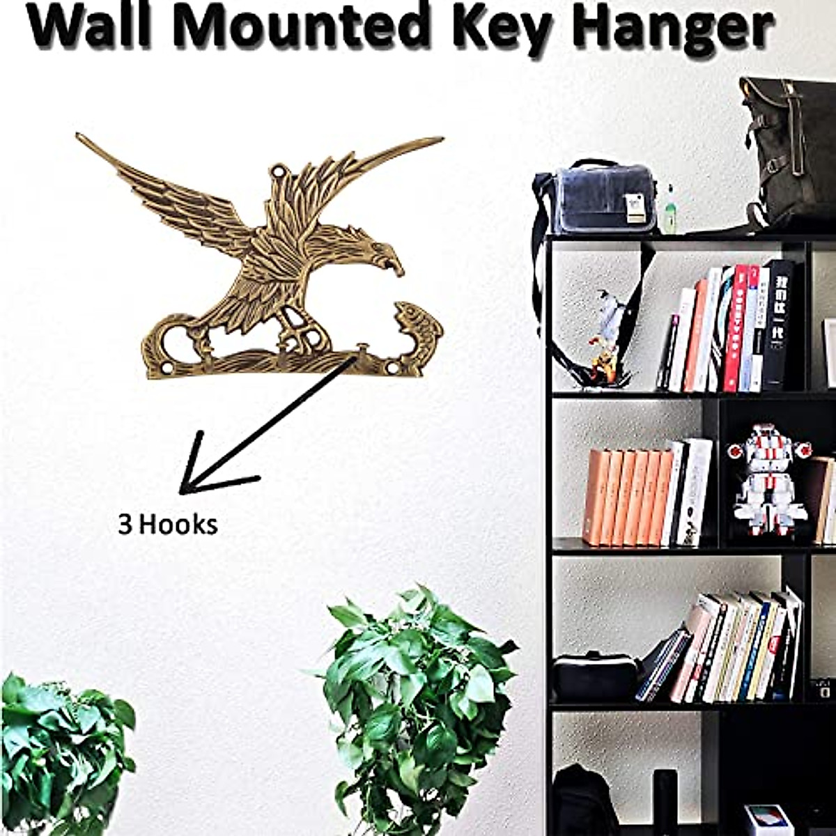 Angel's Peel Lounge Key Holder Eagle - Wall Mounted Key Hanger with 3 Hooks - Eagle Single Brass Hook for Coat, Towel, Hat, Clothes - Home Decor Key Holder for Kitchen, Office, Farmhouse