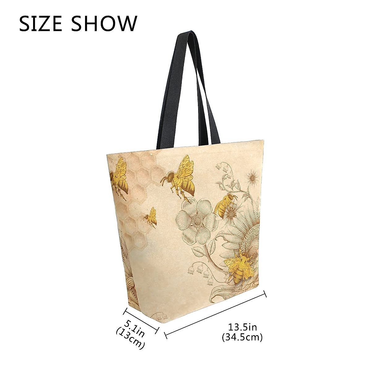 ALAZA Sunflower Bee Retro Large Canvas Tote Bag Shopping Shoulder Handbag with Small Zippered Pocket