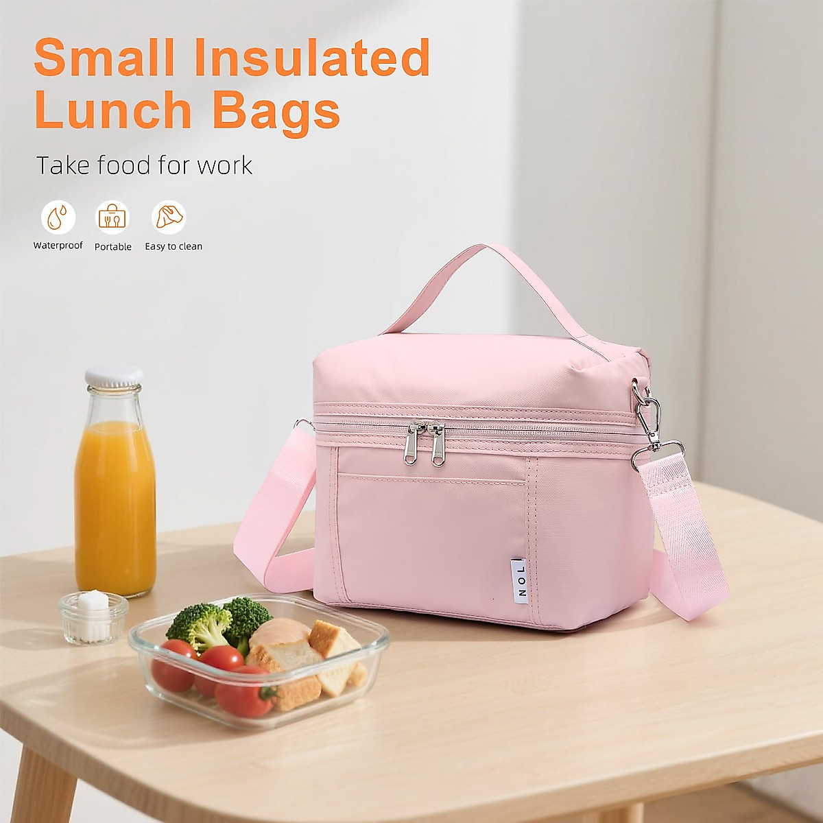 NOL Insulated Lunch Bags for Women Small Cute Cooler Bag Lightweight Nylon Waterproof Kids Lunch Box For Work (Small, Pink)