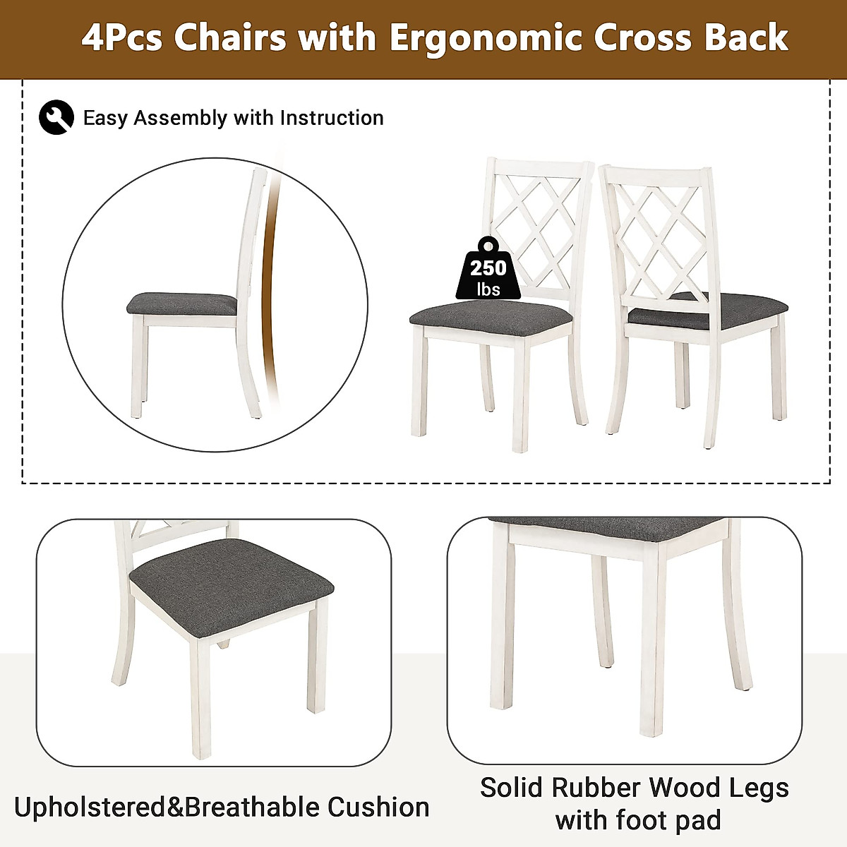VilroCaz Modern Dining Table Set for 4, Mid-Century Solid Wood 5-Piece Round Set, 42'' with 4 Upholstered Chairs, Anti-Slip Pad and Splayed Feet Small Places (Brown-White)