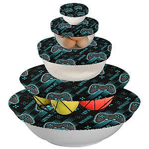 Bowl Cover Reusable Blue Joystick Video Game Black Elastic Fabric Food Storage Cover Stretch Lids 5 Pieces for Kitchen Food Bread Abstract Bowl Containers Dish Covers for Fruits,Leftover