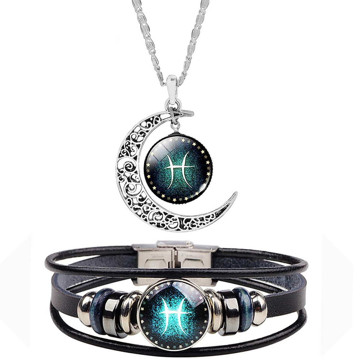 HUASAI Pisces Necklace 12 Twelve Constellations Hand Woven Leather Bracelet and Moon Pendant Necklace Zodiac Sign Jewelry Set (Pisces(2.20-3.20))