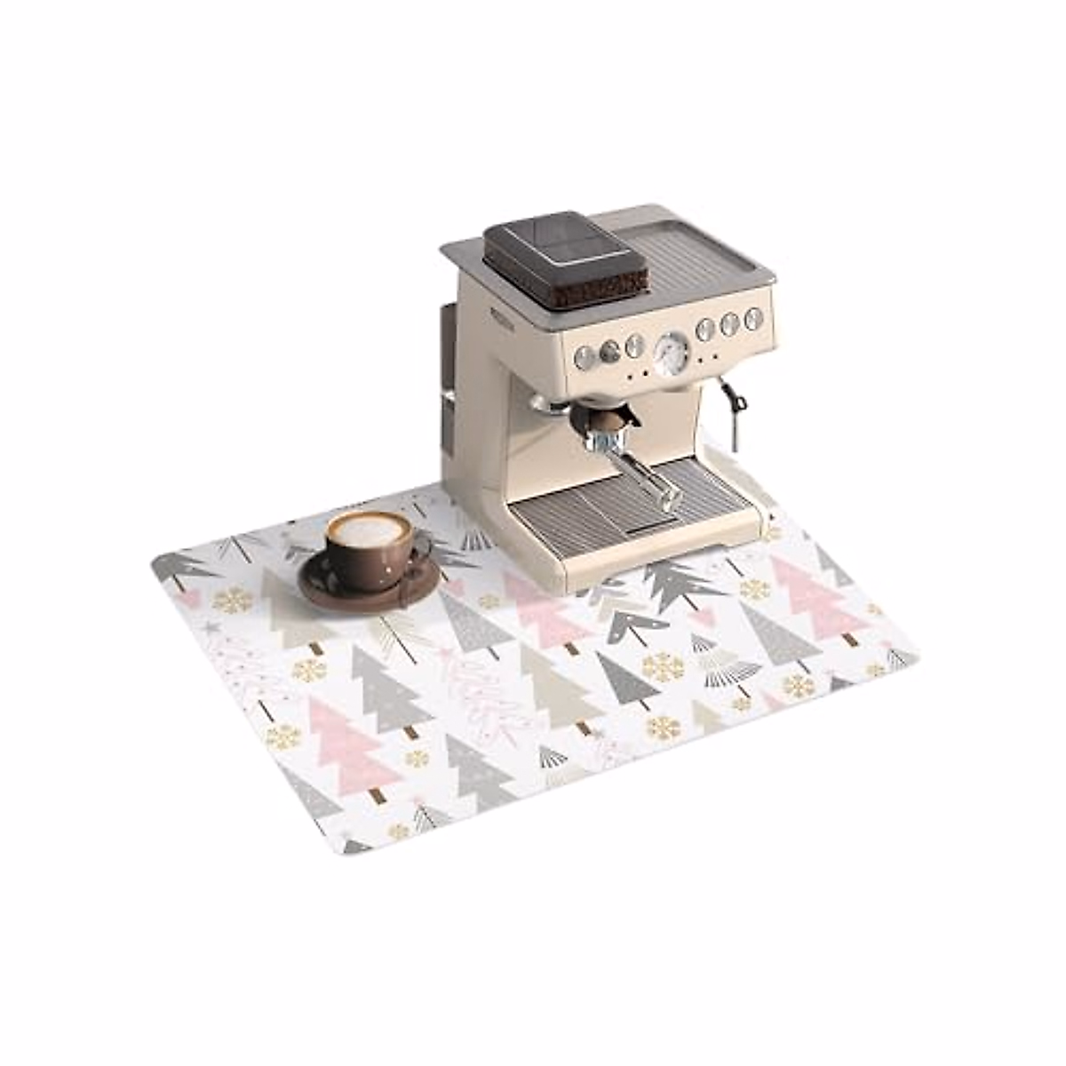 Coffee Mat for Counter,Merry Christmas Xmas Tree Snowflake Texture Pink Absorbent Hide Stain Coffee Bar Mat,Non-slip Coffee Bar Accessories Kitchen Drying Mat Fit Under Coffee Maker Espresso Machine