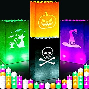 Meanplan 48 Pcs Halloween Luminary Bags with LED Light Candles Set 24 Pcs Luminary Candle Bags 24 Pcs LED Tealight Candles Ghost Lantern Bags for Halloween Outdoor Indoor Patio Decorations (Novel)