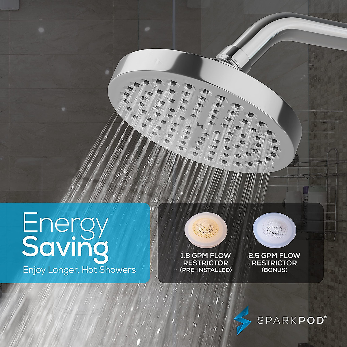 SparkPod 6" Rain Shower Head with 6" Shower Arm - High Pressure Rain - Luxury Modern Look - No Hassle Tool-less 1-Min Installation (Chrome)