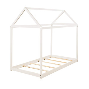 Twin Size House Bed, Wooden Daybed, Floor Bed for Toddlers, Teens, Girls, Boys, Kids House Bed Frame Can Be Decorated (White)