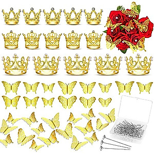 cridoz 163Pcs Flower Bouquet Accessories, 15Pcs Mini Crowns with 48Pcs Gold 3D Butterfly Decorations and 100Pcs Corsage Boutonniere Pins for Flower Arrangements, Small Crowns for Cake Topper