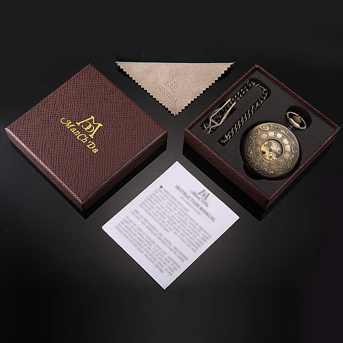 ManChDa Pocket Watch - Engraved Bronze Retro Vintage Double Hunter Series Skeleton Dial Delicate Mechanical Movement + Gift Box
