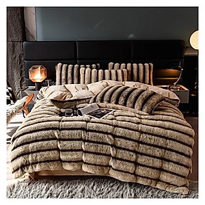 QuKan Bed, Faux Rabbit Fur Velvet Fleece Luxury Bedding Set Fuzzy Brown Stripe Plush Shaggy Warm Duvet Cover Set Bed Sheet Pillowcases 4Pcs, MM-102
