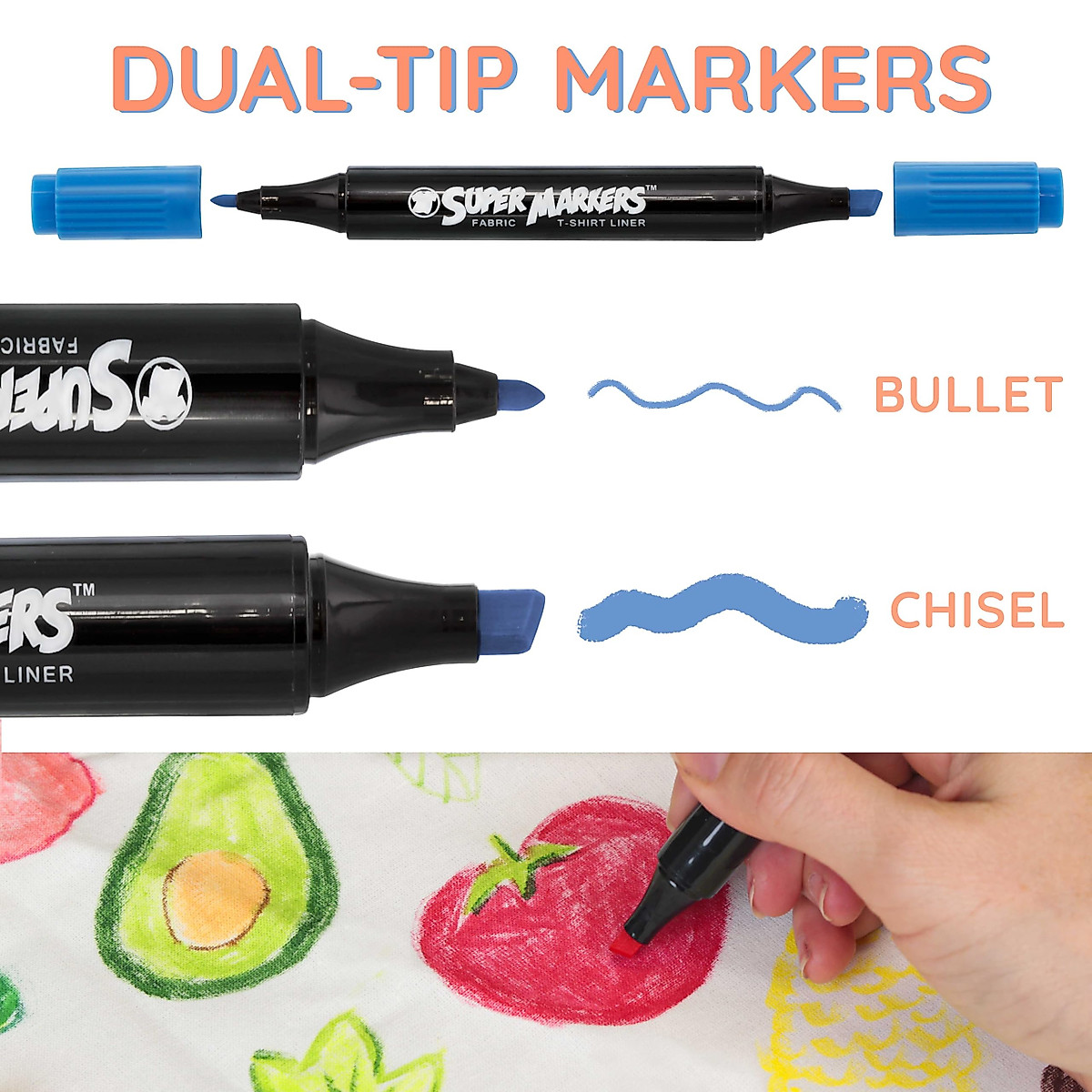 Super Markers 20 Unique Colors Dual Tip Fabric & T-Shirt Marker Set-Double-Ended Fabric Markers with Chisel Point and Fine Point Tips - 20 Permanent Ink Vibrant and Bold Colors