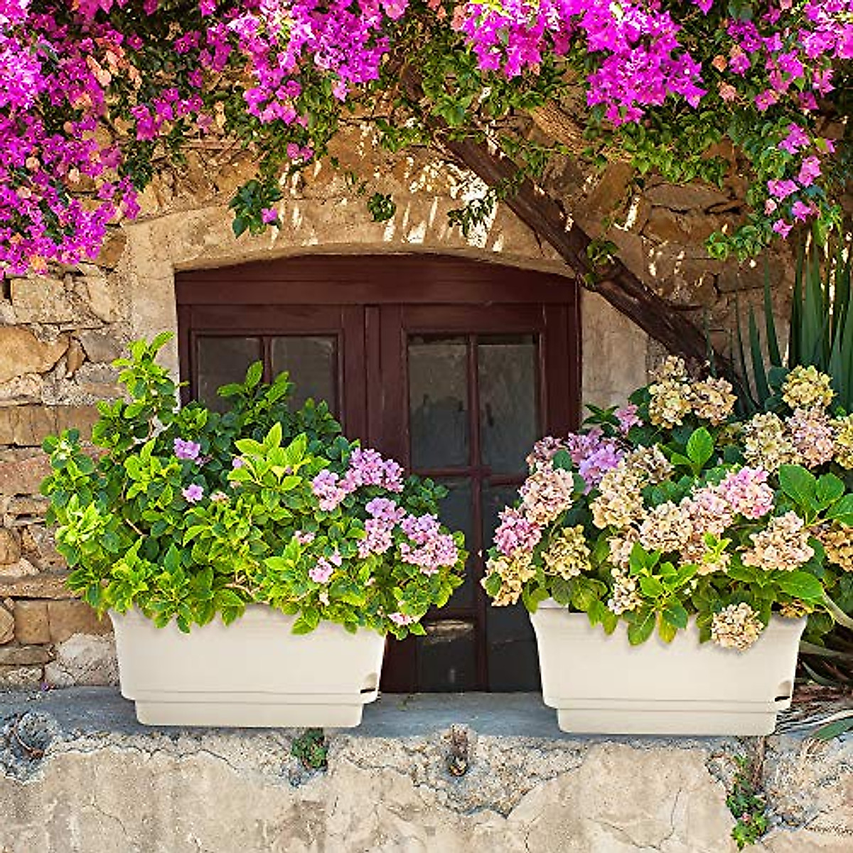 Amazing Creation Self Watering Planters Rectangular Planter Box, Windowsill Garden Bed, Planters for Outdoor Plants, Planters for Indoor Plants, Flowers, Herbs, Succulents, Beige, (2 Pack)