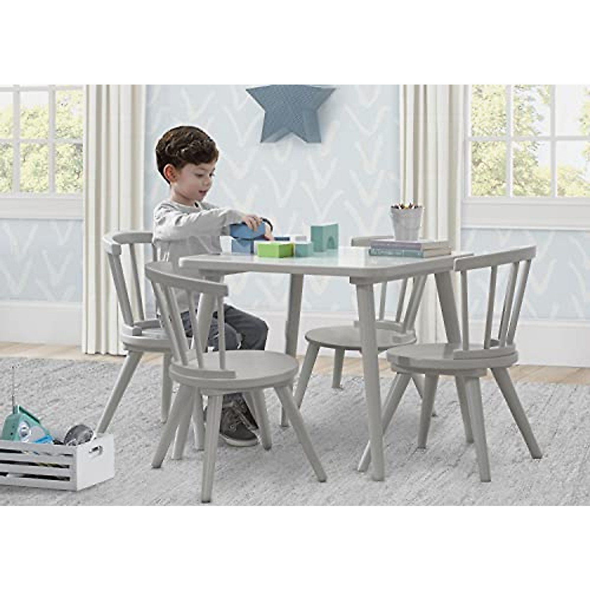 Delta Children Windsor Kids Wood Table and Chair Set (4 Chairs Included) - Ideal for Arts & Crafts, Snack Time, Homeschooling, Homework & More, Grey