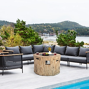 COSTWAY 40" Propane Gas Fire Pit Table, 2-in-1 Outdoor Round Fire Table W/Volcanic Rock & PVC Cover, 50,000 BTU Heat Output, Wood-Like Surface for Backyard, Poolside