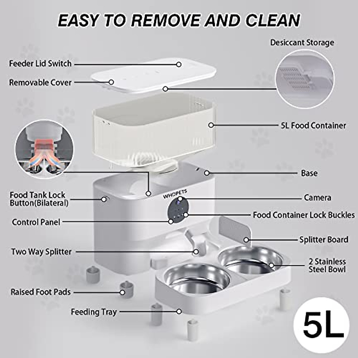 Automatic Cat Feeders, WHDPETS 5L Cat Food Dispenser with 1080P Camera for 2 Cats & Dogs with Feeding Mat, Portion Control, Dual Power Supply, Voice Recorder, 2.4G Wi-Fi Enabled